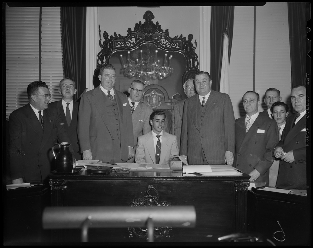 Tony DeSpirito and Governor Paul Dever surrounded by group of men ...