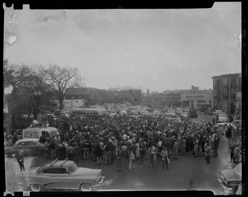 Estes Kefauver speaking at podium in front of a large outdoor gathering ...