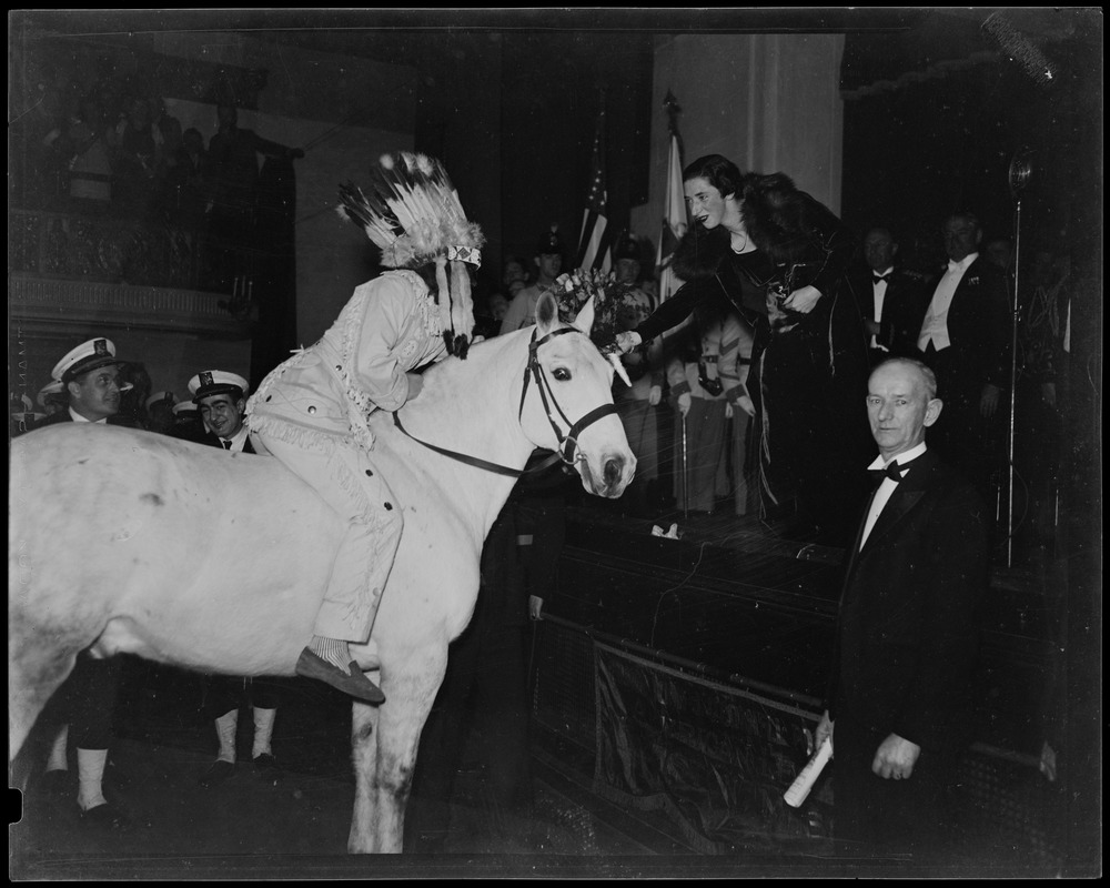 Chief White Horse of the Mashpee Indians, atop a white horse, presents ...