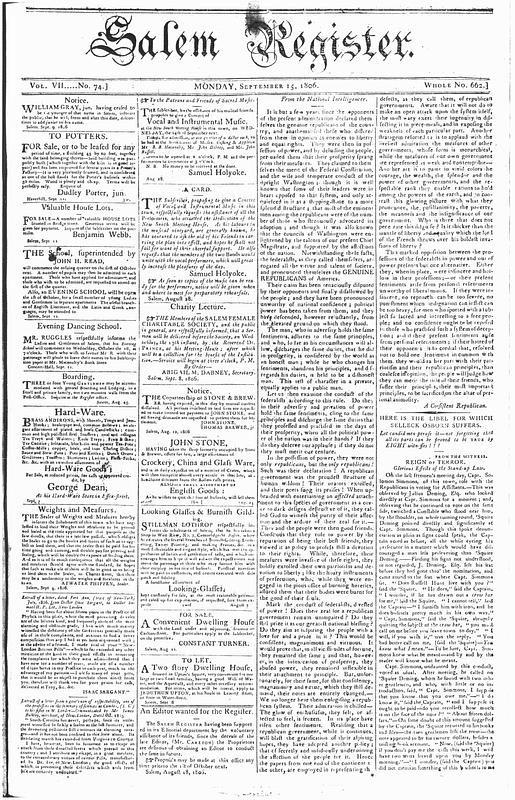 The Salem Register. September 15, 1806 - Digital Commonwealth