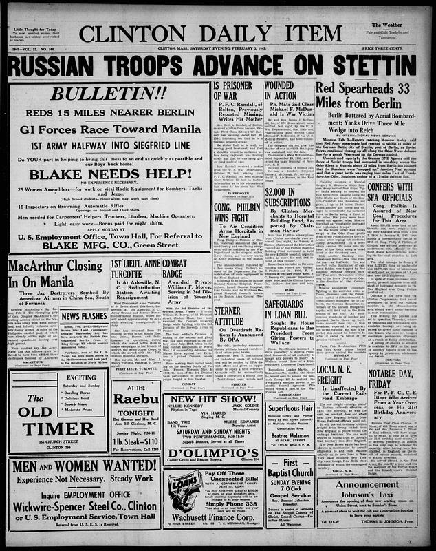 Clinton Daily Item. February 03, 1945 - Digital Commonwealth