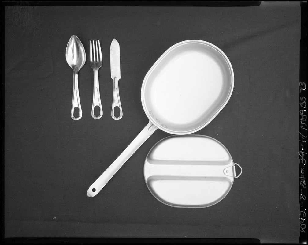 CEMEL, equipment, mess kit, pan, open w/cover, and knife, fork, spoon ...