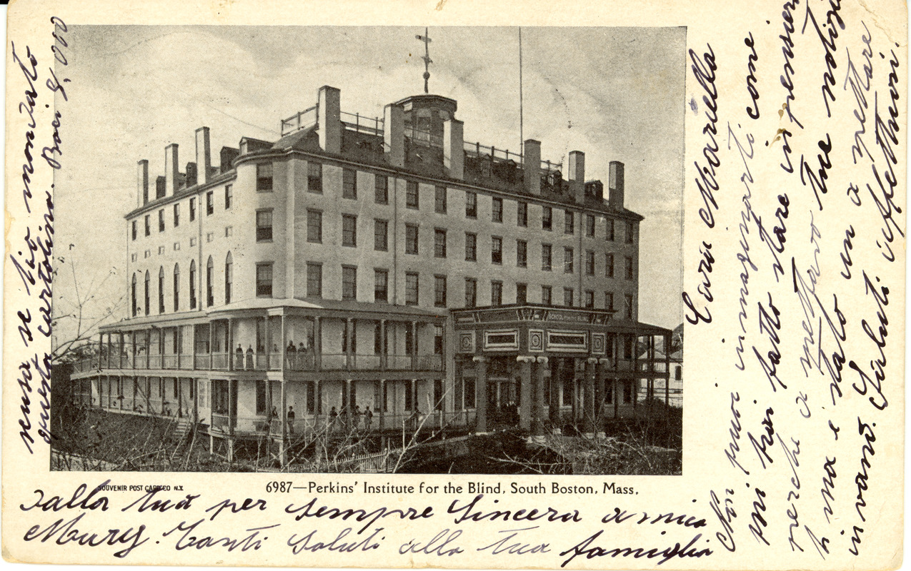 Perkins Institute for the Blind with note in Italian ; Postcard to Miss ...