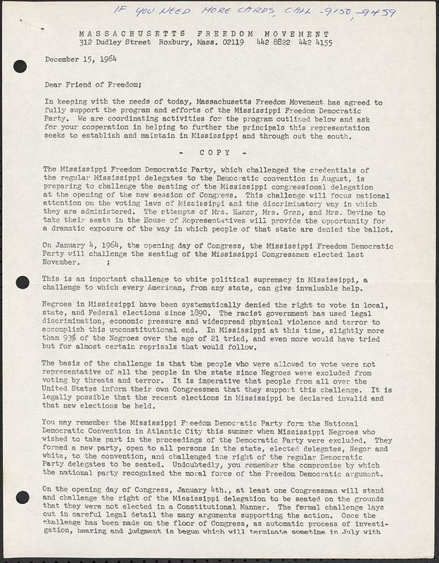 Letter about Massachusetts Freedom Movement supporting the Mississippi ...
