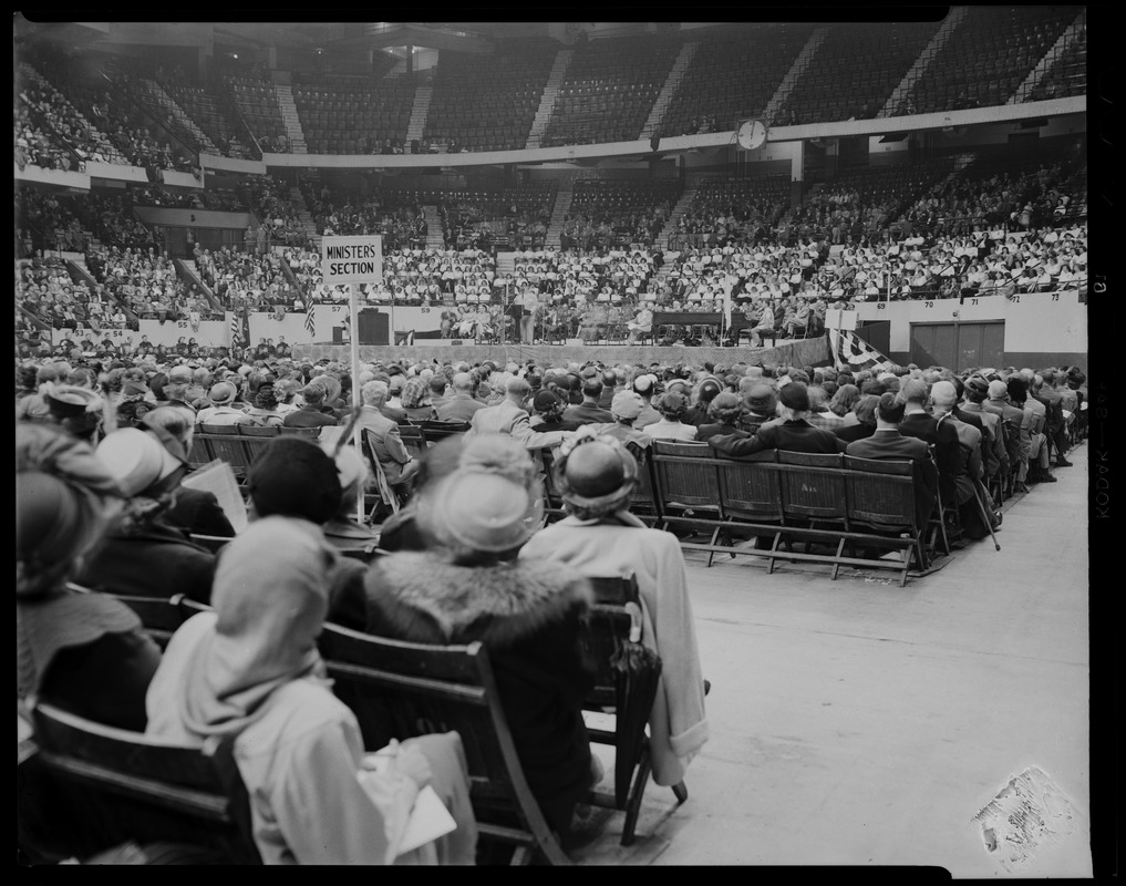 View of ministers' section at event with Billy Graham at Boston Garden ...