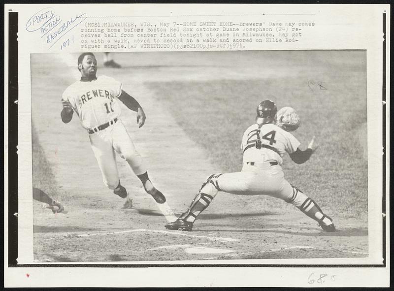 Home Sweet Home -- Brewers' Dave May comes running home before Boston ...