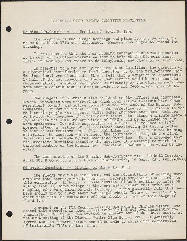 Lexington Civil Rights Committee March Newsletter - Digital Commonwealth