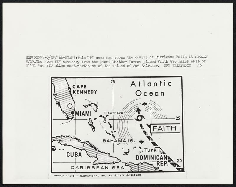 This UPI news map shows the course of Hurricane Faith at midday 8/29 ...