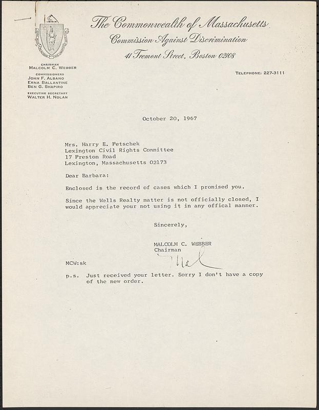 Letter to Mrs. Harry E. Petschek from MCAD Chairman with record of ...