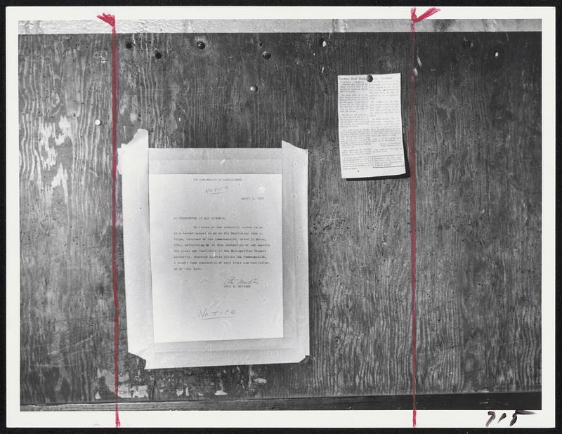 Notice on Bulletin Board from Comm of Mass. Gen. Whitney at the M.T.A ...