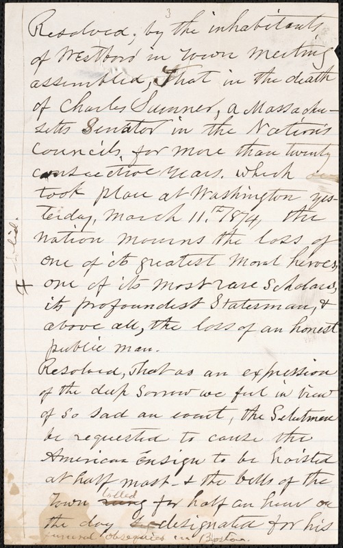 Resolution at Town Meeting Re: Death of Sen. Charles Sumner, 1874 ...