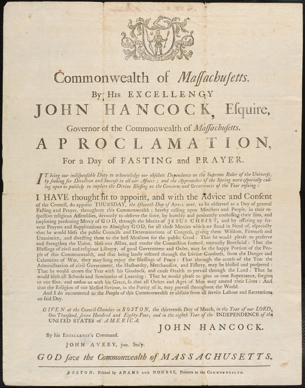Proclamations for Days of Fasting and Thanksgiving, 1784-1787 - Digital ...