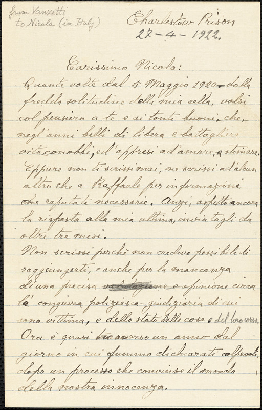 Bartolomeo Vanzetti autographed letter signed to Nicola (in Italy), Charlestown, 27 April 1922 ...