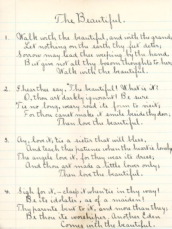 "The Beautiful" poem by Sarah (Sallie) M. Field, Abbot Academy, class ...