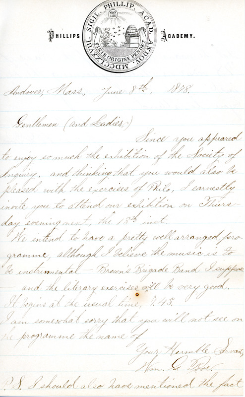 Invitation to class of 1878 Phillips Academy graduation, Sarah (Sallie ...