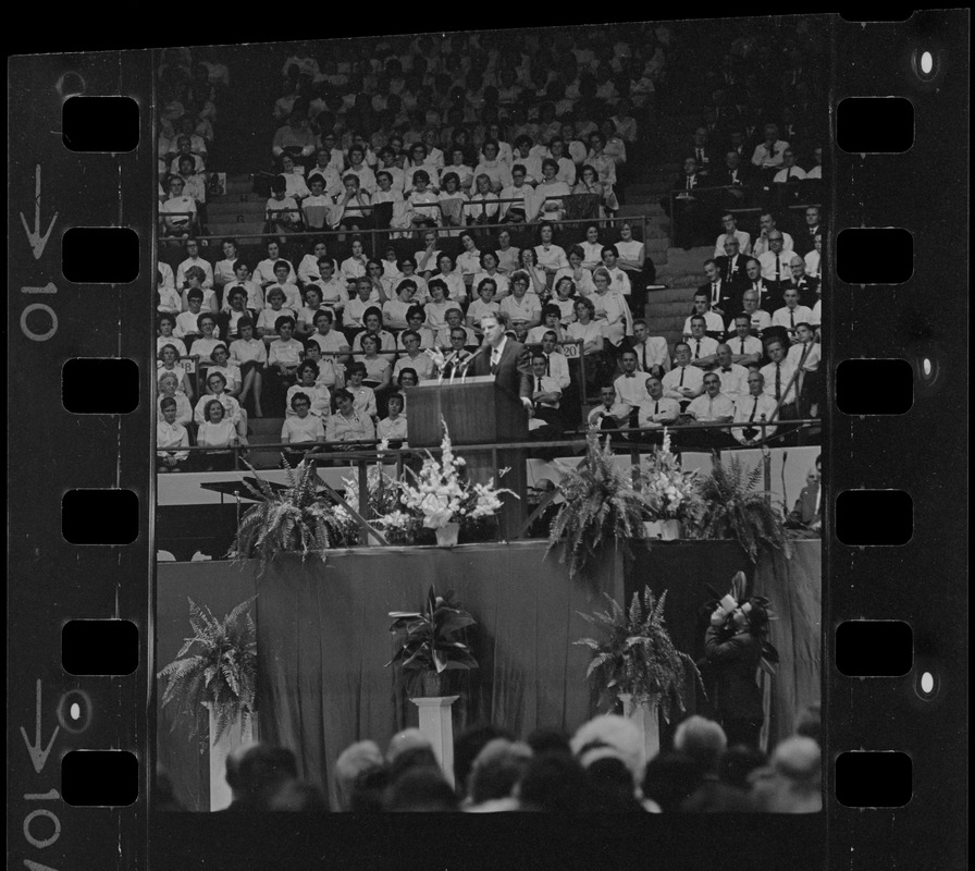 Billy Graham at Boston Garden with crowd in background and foreground ...