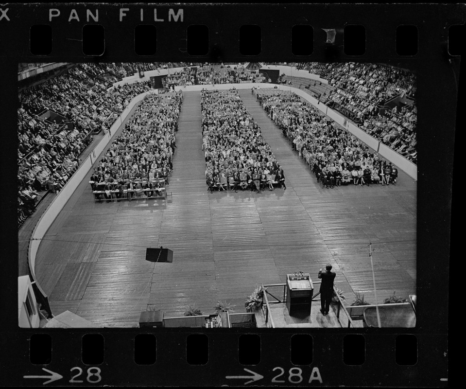 Billy Graham speaking at Boston Garden, crowd in front of him in three ...