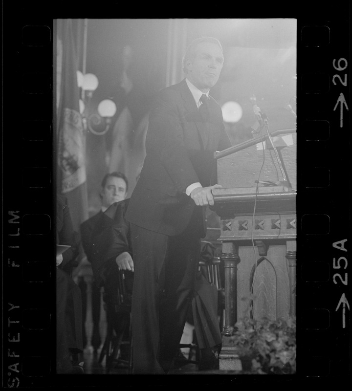 Boston Mayor Kevin White speaking at his inauguration at Faneuil Hall ...