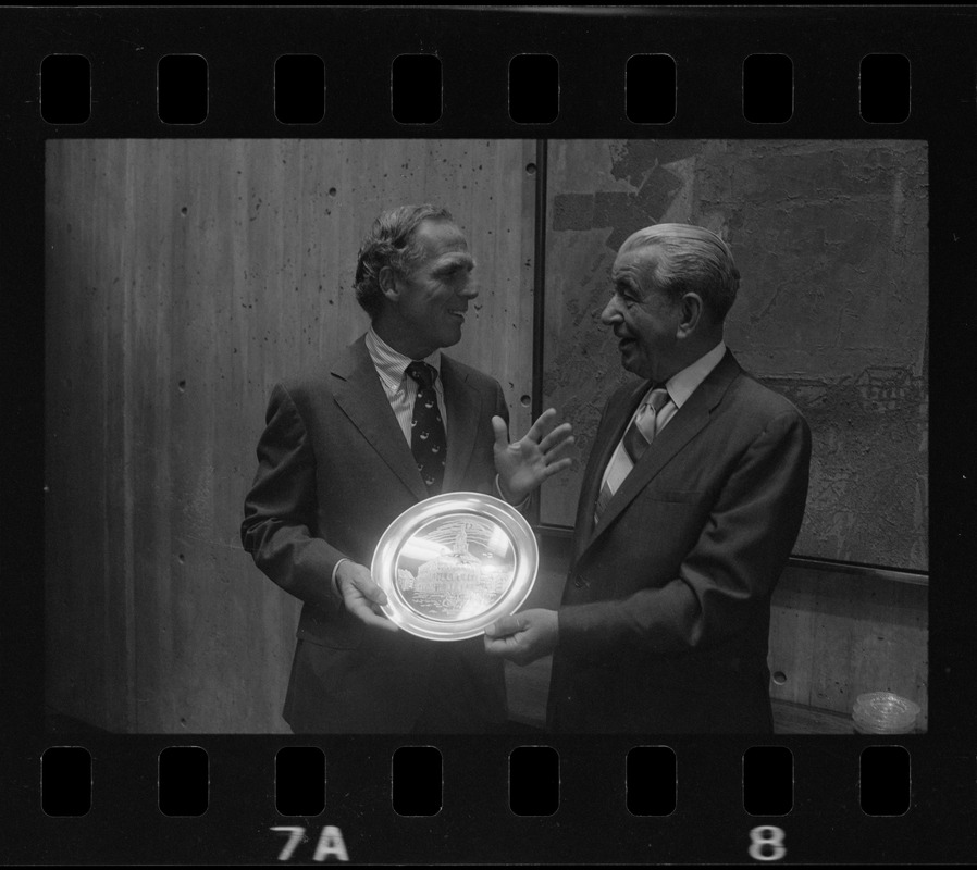 Boston Mayor Kevin White receiving silver plate from F. Frederick ...