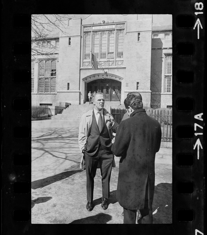 Mayor White talks to reporters outside English - Digital Commonwealth
