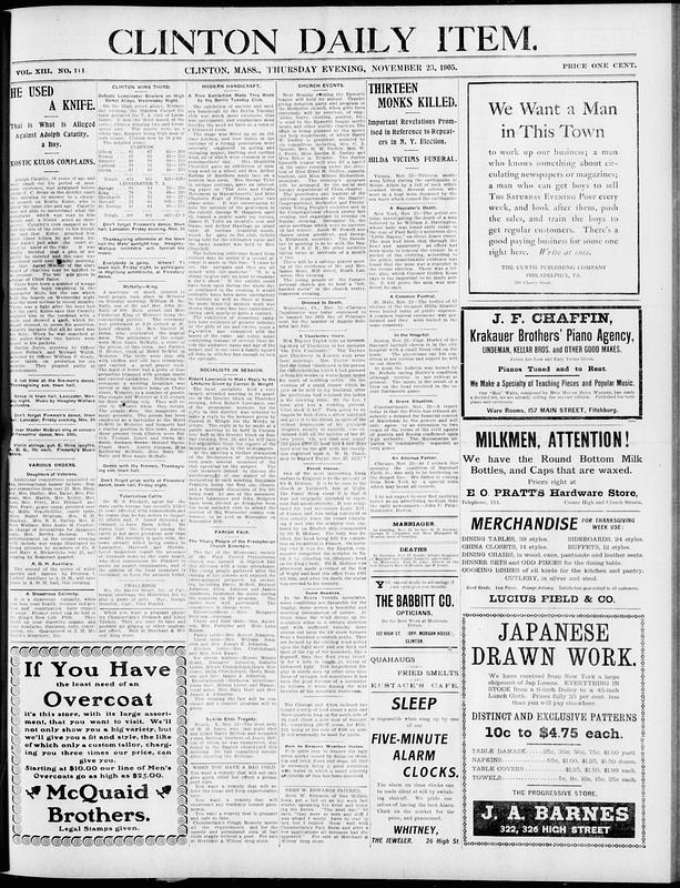 Clinton Daily Item. November 23, 1905 - Digital Commonwealth