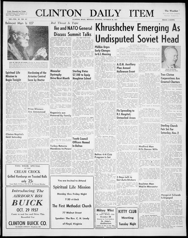 Clinton Daily Item. October 28, 1957 - Digital Commonwealth
