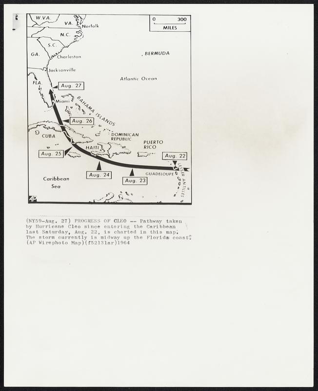 Progress of Cleo -- Pathway taken by Hurricane Cleo since entering the ...
