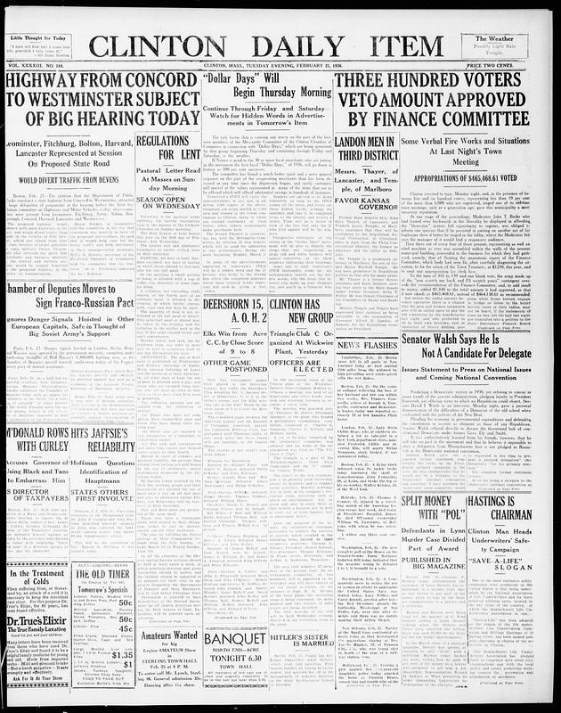 Clinton Daily Item. February 25, 1936 - Digital Commonwealth