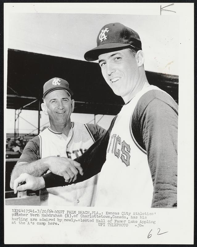 Kansas City Athletics’ pitcher Vern Handrahan (R),of Charlottetown ...