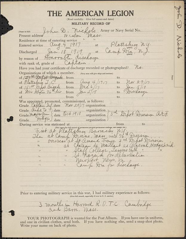 American Legion military record of John D. Nichols - Digital Commonwealth