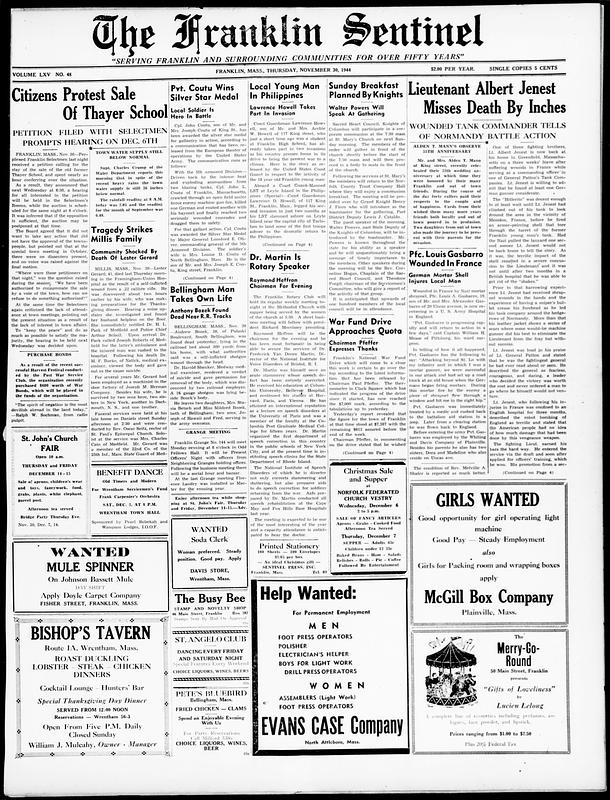 The Franklin Sentinel. November 30, 1944 - Digital Commonwealth