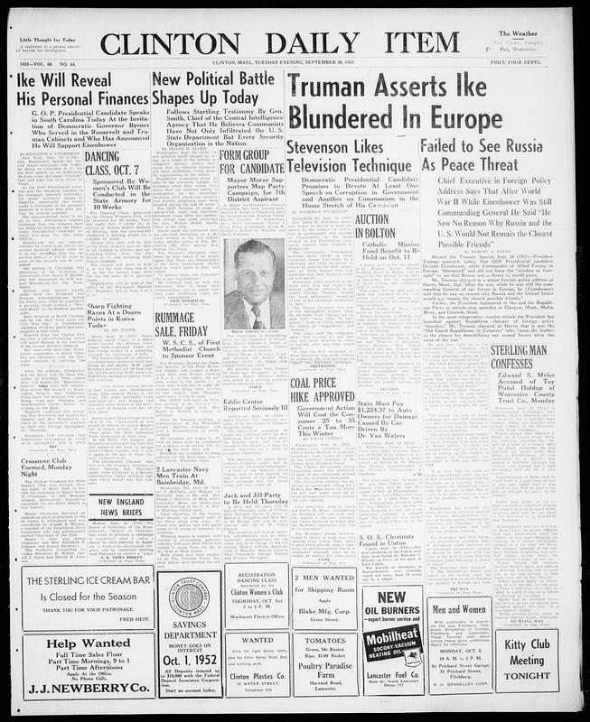 Clinton Daily Item. September 30, 1952 - Digital Commonwealth