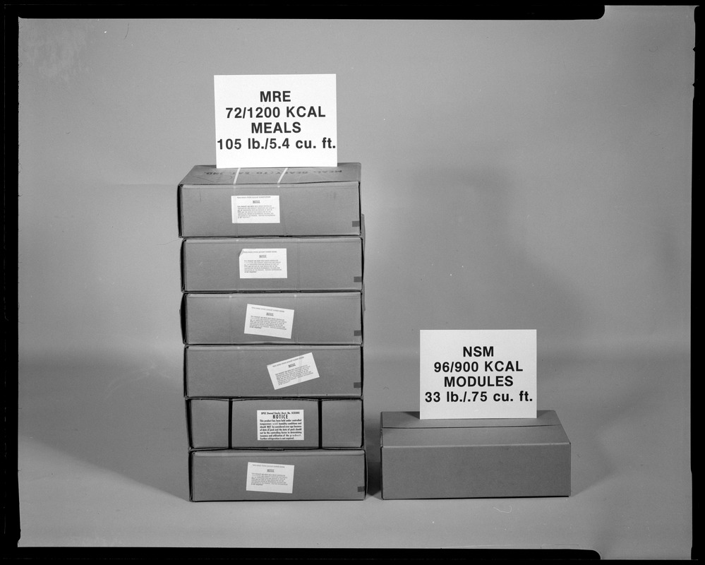 MRE 72/1200 Kcal meals, 105 lb./5.4 cu ft, NSM 96/900 kcal modules, 33 ...