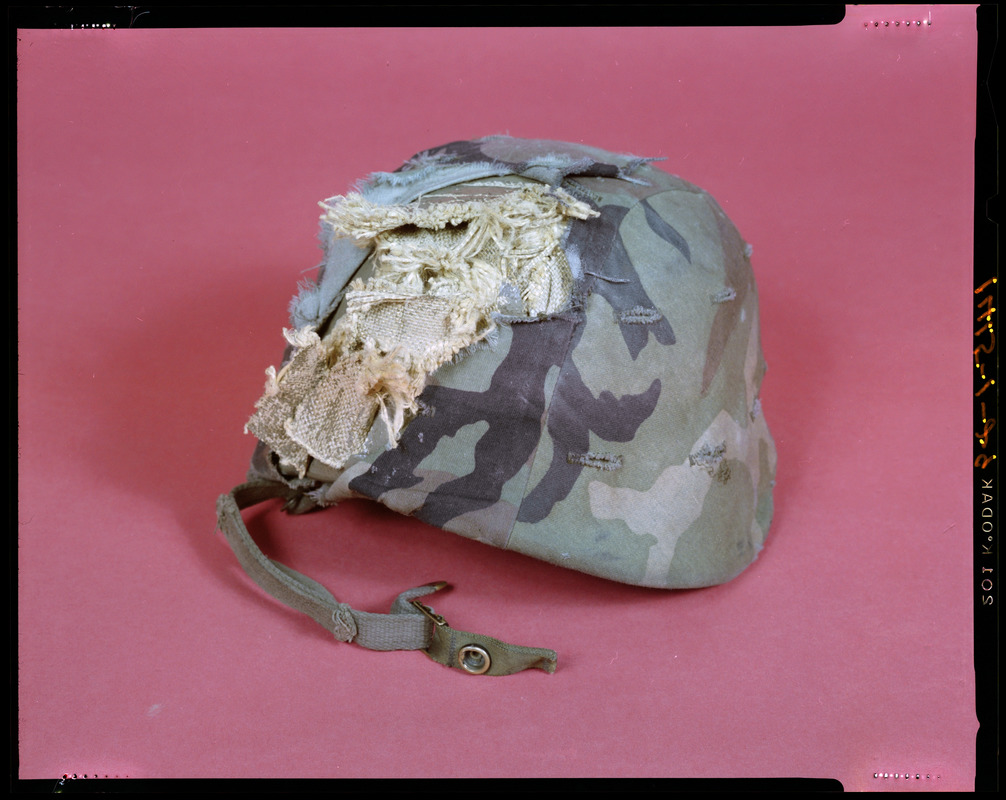 IPL, PASGT helmet shredded by shrapnel - Digital Commonwealth