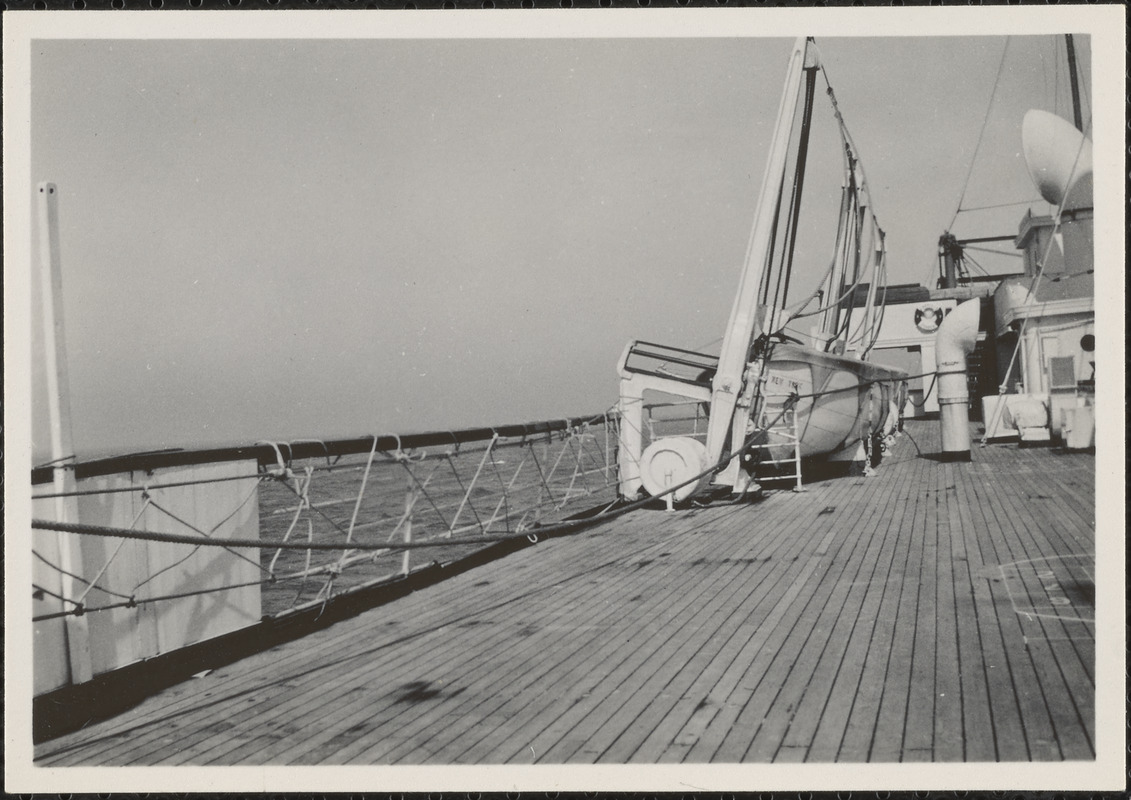 Railing on top deck smashed by big waves in the storm July 20th, S. S ...