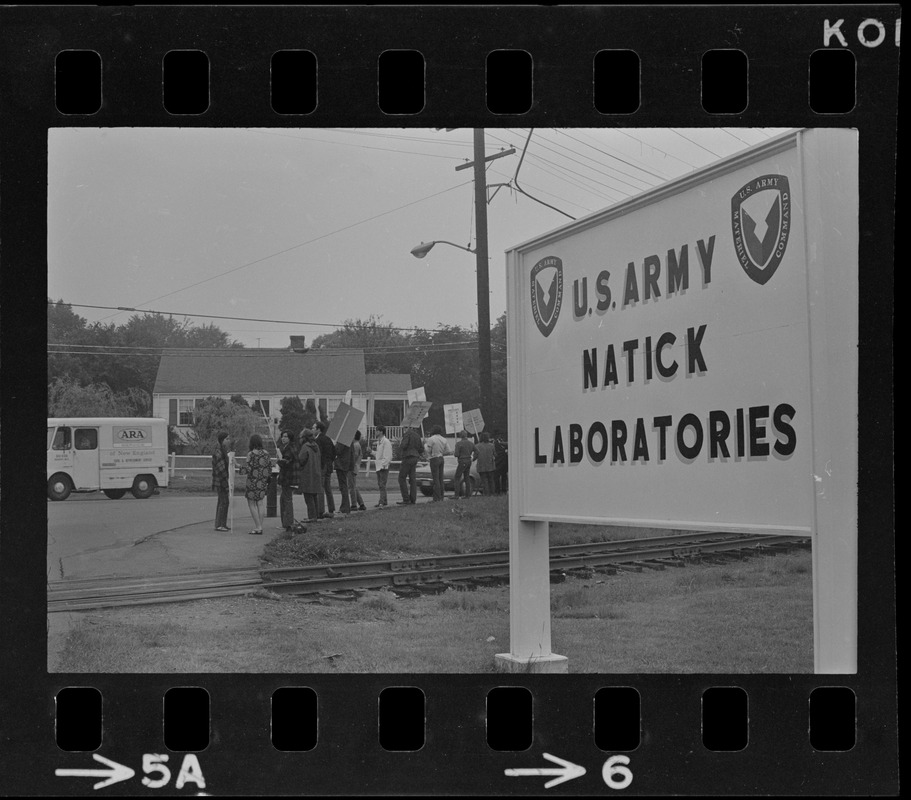 Protest outside of U.S. Army Natick Laboratories during visit by Gen ...