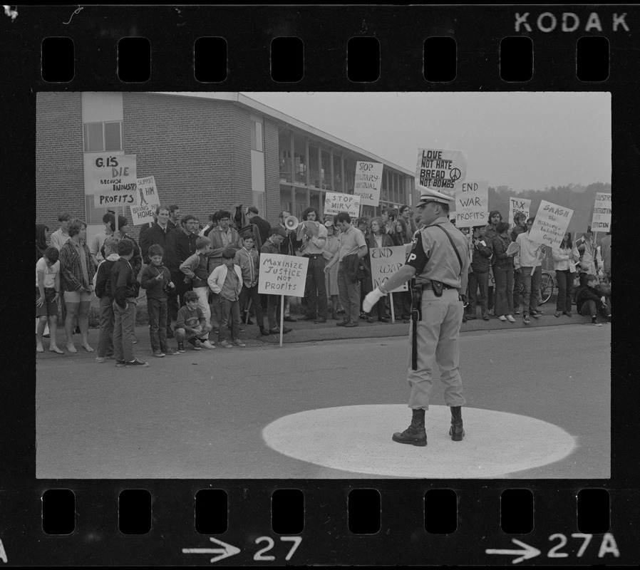 Protest outside of U.S. Army Natick Laboratories during visit by Gen ...