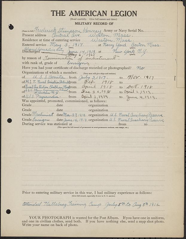 American Legion military record of Frederick Stimpson Kenney - Digital ...