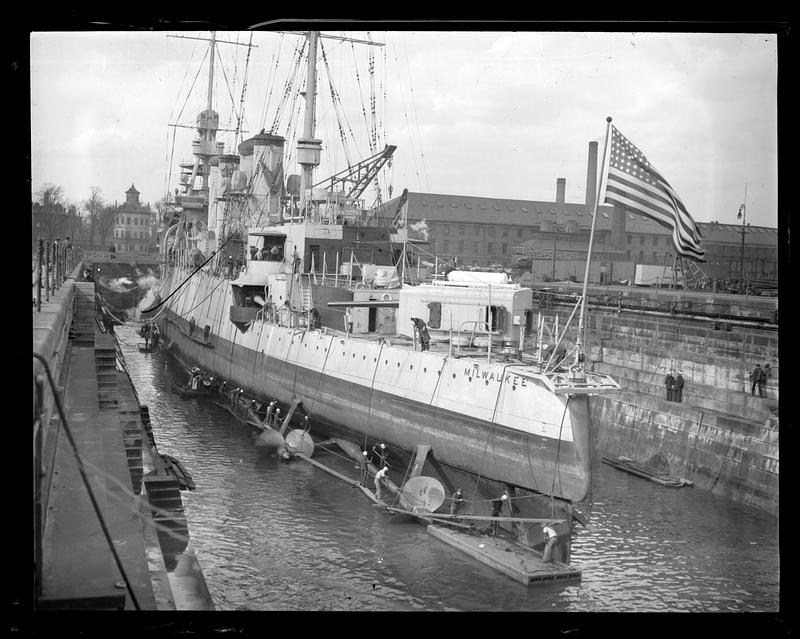 USS Milwaukee in Navy Yard drydock - Digital Commonwealth