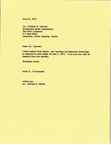 Letter from Mark H. McCormack to William P. Calvert - Digital Commonwealth