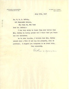 Letter from Arthur B. Spingarn to W. E. B. Du Bois - Digital Commonwealth
