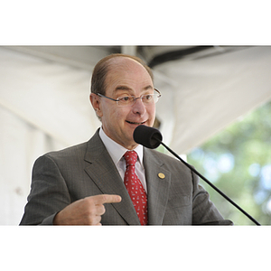 President Joseph E. Aoun speaks at the groundbreaking ceremony for the ...