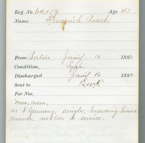 Tewksbury Almshouse Intake Record: Roach, Frederick - Digital Commonwealth