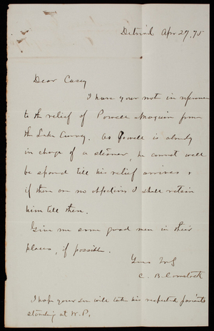 General [Cyrus B.] Comstock to Thomas Lincoln Casey, April 27, 1875 ...