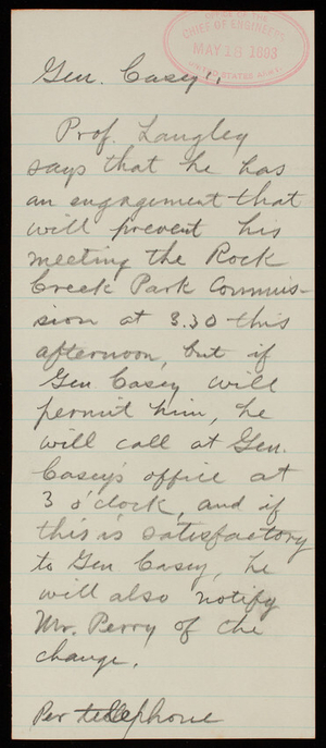 [Prof. S. P.] Langley to Thomas Lincoln Casey, May 18, 1893, telephone ...
