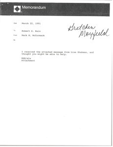Memorandum from Mark H. McCormack to Robert D. Kain - Digital Commonwealth