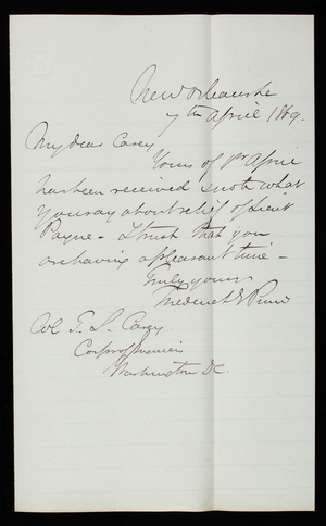 Colonel Frederick Prime to Thomas Lincoln Casey, April 7, 1869 ...