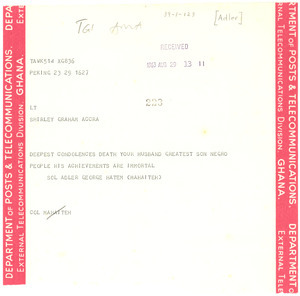 Telegram from Sol Adler to Shirley Graham Du Bois - Digital Commonwealth