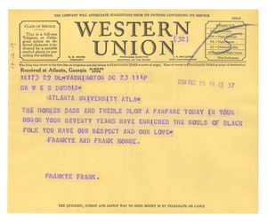 Telegram from Frankye Priestly and Frank Horne to W. E. B. Du Bois ...