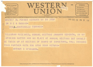 Telegram from Arthur B. Spingarn to W. E. B. Du Bois - Digital Commonwealth